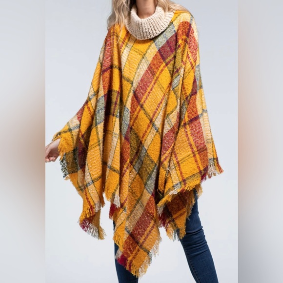 Sweaters | Nwt Macchia Di Ruggine Plaid Turtleneck Poncho Shawl | Poshmark
